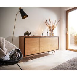 DeLife Sideboard Stonegrace 145 cm Akazie Natur 3 Türen Steinfurnier V-Fuß, Sideboards