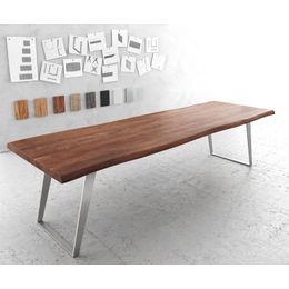 DeLife Esstisch Edge 300x100cm XL Akazie Braun Edelstahl Silber schräg Live-Edge, Esstische, Baumkantenmöbel, Massivholzmöbel, Massivholz