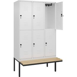 C+P Doppelstock-Spind Classic PLUS Sitzbank, 3 Abteile, verkehrsweiß, B 1200 mm, Sicherheits-Drehriegel, auskragend, Buche-Hartholz