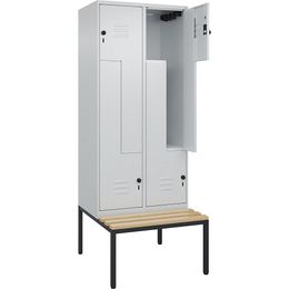 C+P Z-Spind Classic PLUS Sitzbank, 2 Abteile, lichtgrau, B 800 mm, Sicherheits-Drehriegel, untergebaut, Buche-Hartholz