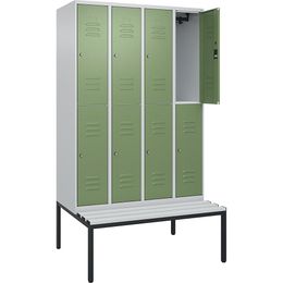 C+P Doppelstock-Spind Classic PLUS Sitzbank, 4 Abteile, lichtgrau / resedagrün, B 1200 mm, Zylinderschloss, untergebaut, Kunststoff