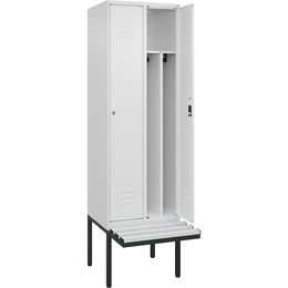 C+P Schwarz-Weiß-Spind Classic PLUS Sitzbank, schmal, 2 Abteile, Trennwand verkürzt, verkehrsweiß, B 600 mm, Zylinderschloss, auskragend, Kunststoff
