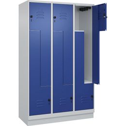 C+P Z-Spind Classic PLUS, 3 Abteile, lichtgrau / enzianblau, B 1200 mm, mit Bodensockel, Drehriegel
