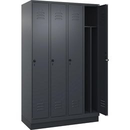 C+P Schwarz-Weiß-Spind Classic PLUS, schmal, 4 Abteile, Trennwand verkürzt, grau, B 1200 mm, mit Bodensockel, Drehriegel, Trennwand mittig
