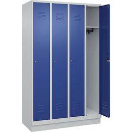 C+P Spind Classic PLUS, 4 Abteile, lichtgrau / enzianblau, B 1200 mm, mit Bodensockel, Zylinderschloss
