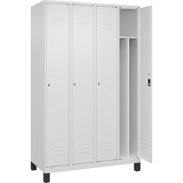 C+P Schwarz-Weiß-Spind Classic PLUS, schmal, 4 Abteile, Trennwand verkürzt, verkehrsweiß, B 1200 mm, mit Füßen, Zylinderschloss, Trennwand mittig
