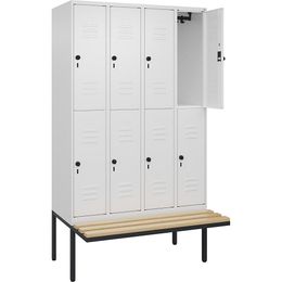 C+P Doppelstock-Spind Classic PLUS Sitzbank, 4 Abteile, verkehrsweiß, B 1200 mm, Sicherheits-Drehriegel, auskragend, Buche-Hartholz