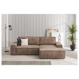 Ecksofa Home Affaire "SHERWOOD Schlafsofa 267 cm, L-Form" Sofas Gr. B/H/T: 267 cm x 85 cm x 167 cm, Vintage, Recamiere rechts, braun (cognac) Schlaffunktion mit Bettkasten (210x136 cm), Cord, Vintage, Samtvelours