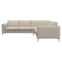 Ecksofa FLEXLUX "Fiore, gleichschenklig, super Sitzkomfort durch Kaltschaum im Sitz" Sofas Gr. B/H/T: 257cm x 85cm x 92cm, Velvet, Schenkel links, weiß (sanftes weiß) breite Armlehnen, Füße Alu+ Eiche, L-Form