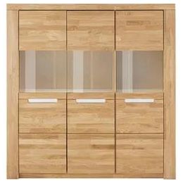 Highboard Home Affaire "Kolding" Sideboards Gr. B/H/T: 140 cm x 145 cm x 40 cm, Holzwerkstoff eichefarben (Korpus) / Massivholz Eiche (Front), braun (eiche teilmassiv) Breite 140 cm mit 3 Glastüren