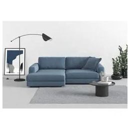 Ecksofa Trendmanufaktur "Bourbon, Designsofa mit tollem Sitzkomfort, L-Form" Sofas Gr. B/H/T: 250cm x 84cm x 176cm, Struktur weich, mega-Recamiere links, XXL mit Sitztiefenverstellung, blau (blau horizon) extra tiefe Sitzfläche, wahlweise mit Sitztiefenverstellung