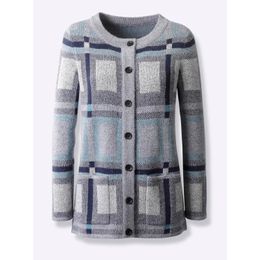 WITT Damen Strickjacke im Jacquard-Dessin, steingrau-ozean-gemustert, Gr&ouml;&szlig;e 38
