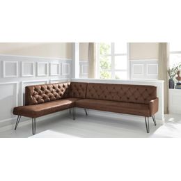 Eckbank exxpo - SOFA FASHION "Doppio, Chesterfield Optik, komfortabel und bequem, hohe Designfüße" Sitzbänke Gr. B/H/T: 197 cm x 90 cm x 255 cm, Microfaser Antiklederoptik, langer Schenkel rechts, braun (cognac) Frei im Raum stellbar