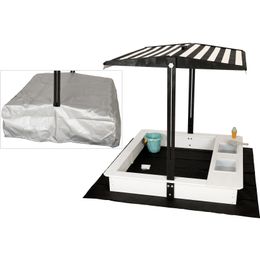 WONDERMAKE® Design Sandkasten mit Dach, Abdeckung OXFORD 420D, 2 Wasserbecken, Vliesfolie, Sandkiste Holz quadratisch verschließbar Outdoor Garten für Kinder, schwarz weiß