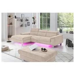 Ecksofa COTTA "Komaris L-Form" Sofas Gr. B/H/T: 244cm x 72cm x 166cm, Microfaser PRIMABELLE, Recamiere links, ohne Bettfunktion-ohne Bettkasten-mit RGB-LED-Beleuchtung, beige mit Kopfteilverstellung, wahlweise Bettfunktion,Stauraum & Beleuchtung