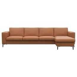 Ecksofa FLEXLUX "Fiore, super Sitzkomfort durch Kaltschaum im Sitz, L-Form" Sofas Gr. B/H/T: 295cm x 85cm x 159cm, Echtleder, Chaiselongue rechts, braun (modern cogna) breite Armlehnen, Füße Alu+schwarz