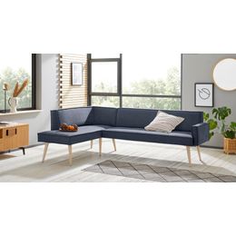 Eckbank exxpo - SOFA FASHION "Lungo, moderne Kedernaht, bequem und elegant, hoher Holzfuß" Sitzbänke Gr. B/H/T: 158 cm x 84 cm x 239 cm, Webstoff, langer Schenkel rechts, blau (denim) hochwertige Detailverarbeitung, frei im Raum stellbar