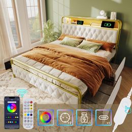 Okwish - Polsterbett Doppelbett mit aufladen usb Type c Ladefunktion APP-Control led Bettgestell Metallbett 180×200CM Bettrahmen und 4 Schubladen,