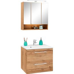 Badmöbel-Set Welltime "Soria", braun (eichefarben), Holzwerkstoff, Kastenmöbel-Sets, Waschtisch Breite 60 cm, Spiegelschrank