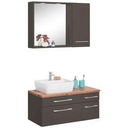 Badmöbel-Set Welltime "Davos", grau (grafit, grau), Becken links, Kastenmöbel-Sets, mit 2 Touch-LED-Einbauleuchten