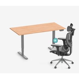 Höhenverstellbarer Schreibtisch PRIMUS + Stuhl - 160x80 - Grau / Buche - 7 Jahre Garantie