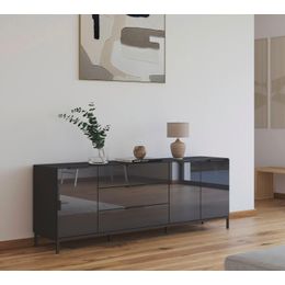 Kommode Rauch "Flipp" Sideboards Gr. B/H/T: 200 cm x 71 cm x 42 cm, 3 St., grau (graphit, glas basalt) 3-türig, 3 Schubladen, Soft-Close-Funktion, Oberboden und Front Glas