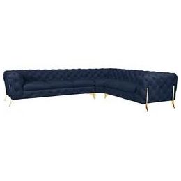 Chesterfield-Sofa LEONIQUE "Amaury L-Form" Sofas Gr. B/H/T: 323cm x 75cm x 264cm, Samtoptik, langer Schenkel links, Füße goldfarben, blau großes Ecksofa, Chesterfield-Optik, Breite 323 cm, Fußfarbe wählbar