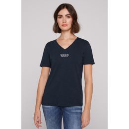 SOCCX Damen V-Shirt, blau, Gr. L, bedruckt, Material: 100% Baumwolle, Shirts, aus Baumwolle