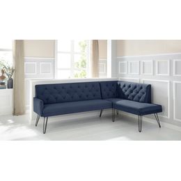 Eckbank exxpo - SOFA FASHION "Doppio, Chesterfield Optik, komfortabel und bequem, hohe Designfüße" Sitzbänke Gr. B/H/T: 158 cm x 90 cm x 236 cm, Samtvelours, langer Schenkel links, blau (navy) Frei im Raum stellbar