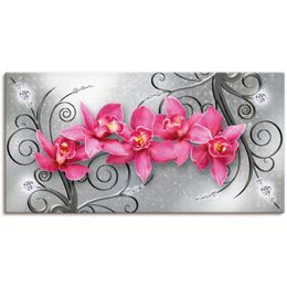 Wandbild Artland "rosa Orchideen auf Ornamenten" Bilder Gr. B/H: 150 cm x 75 cm, Leinwandbild Blumenbilder Querformat, 1 St., pink als Alubild, Outdoorbild, Leinwandbild, Poster, Wandaufkleber