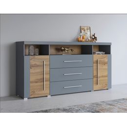 Sideboard Inosign "Roger,Breite 182cm, stilvolle Schrank, 2 Holztüren 3 Schubladen" Sideboards grau (grau matt, eichefarben votan) Kommode mit viel Stauraum, Einlegeböden verstellbar