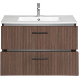 Waschtisch Welltime "Trento Badezimmerschrank mit Becken Bestseller" Waschtische Gr. Becken weiß eckig, braun (cannello, eiche, cannello, eiche) Badmöbel in Breite 80 cm , Waschplatz mit 2 Schubladen, Badschrank