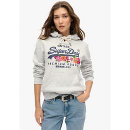 Kapuzensweatshirt Superdry "VINTAGE VL PREM G FLORAL HOOD" Gr. M, grau (glacier grey marl) Damen Sweatshirts