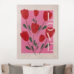 Bilderwelten Leinwandbild Buchstaben & Zahlen Pop Art Kunstdruck rot - Love and red tulips - Wandbild XXL Wohnzimmer Schlafzimmer