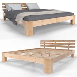 SANZARO Holzbett 160 x 200 cm - Massivholz Bett Kiefer Doppelbett Balkenbett Bettgestell Bettrahmen Lattenrost, Natur Natur 160 x 200 cm