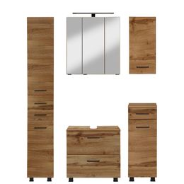 Badmöbel-Set Welltime ""Trento", Badezimmer-Set, Hängeschrank, Unterschrank, Hochschrank" Kastenmöbel-Sets Gr. B/H/T: 120 cm x 200 cm x 35 cm, braun (wotaneiche, wotaneiche) Waschbeckenunterschrank, Spiegelschrank inkl. Aufbauleuchte