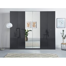 Drehtürenschrank Rauch "Kleiderschrank Schrank Garderobe TOPSELLER OTELI inkl. Inneneinteilung" Schränke Gr. B/H/T: 270 cm x 229 cm x 54 cm, Mit Spiegel, grau (graumetallic, hochglanz effektgrau) mit 3 Innenschubladen extra Böden optional Spiegel MADE IN GERMANY