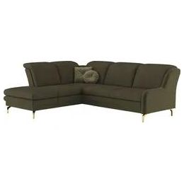 Sit & More Ecksofa SIT & MORE "Orient L-Form" Sofas Gr. B/H/T: 258cm x 91cm x 221cm, Struktur, Ottomane links, mit Kopfteilverstellung-ohne Bettfunktion-ohne Stauraum, grün (dunkelgrün/ olive) inkl. 2 Zierkissen mit Strass-Stein, goldfabene Metallfüße