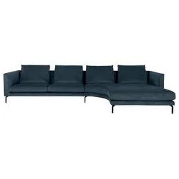 Ecksofa furninova "Megasofa und Polstertraum, Designmöbel mit erstklassigem Sitzkomfort" Sofas Gr. B/H/T: 371 cm x 80 cm x 177 cm, Velours, Recamiere rechts, ohne Bettfunktion, blau (petrol) mit abgerundetem Longchair, im skandinavischen Design