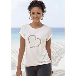 Lascana T-Shirt beige Gr. 32/34 für Damen. Rundhals und Print. Figurumspielend. Nachhaltig.