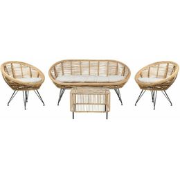 Beliani 4-Sitzer Lounge Set Natürlich Rattan 4-Teilig Gartensofa 2 Gartenstühle und Couchtisch mit Schwarzem Metallgestell Auflagen Hellbeige Outdoor