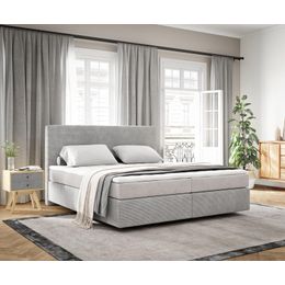 DeLife Boxspringbett Dream-Well 180x200 cm Cord Silbergrau mit Taschenfederkernmatratze und Topper Visco, Boxspringbetten