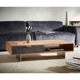 DeLife Couchtisch Teele 115x60 cm Akazie Natur Schiefer 2 Schubfächer Fuß schwebend Edelstahl, Couchtische