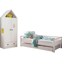 Lüttenhütt Jugendzimmer-Set LÜTTENHÜTT "Alpi" Schlafzimmermöbel-Sets weiß Baby Daybed mit 2. Liegefläche + Kleiderschrank in Hausoptik, platzsparend