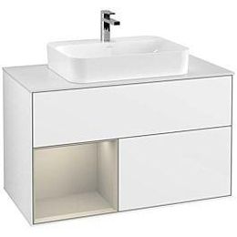 Villeroy & Boch Villeroy und Boch Finion Waschtischunterschrank F361HHGF 100cm, Abdeckplatte white matt, Regal links Sand Matt Lacquer, Glossy white lacquer