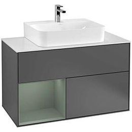 Villeroy & Boch Villeroy und Boch Finion Waschtischunterschrank F111GMGK 100cm, Abdeckplatte black matt, Regal links Olive Matt Lacquer, Anthracite matt