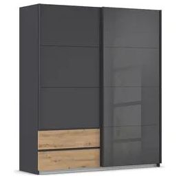 Schwebetürenschrank Rauch "Kleiderschrank Schrank Garderobe ELARA Glastür/Grauspiegel" Schränke Gr. B/H/T: 181cm x 210cm x 62cm, 2 St., grau (graumetallic/eiche artisan/glas basalt) praktische Schubladen optional farblich abgesetzt MADE IN GERMANY