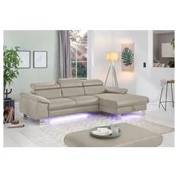 Ecksofa COTTA "Komaris L-Form" Sofas Gr. B/H/T: 244cm x 72cm x 166cm, NaturLEDER, Recamiere rechts, mit Bettfunktion-mit Bettkasten-mit RGB-LED-Beleuchtung, grau mit Kopfteilverstellung, wahlweise Bettfunktion,Stauraum & Beleuchtung