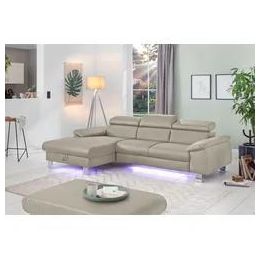 Ecksofa COTTA "Komaris L-Form" Sofas Gr. B/H/T: 244cm x 72cm x 166cm, NaturLEDER, Recamiere links, ohne Bettfunktion-ohne Bettkasten-mit RGB-LED-Beleuchtung, grau mit Kopfteilverstellung, wahlweise Bettfunktion,Stauraum & Beleuchtung