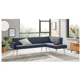 Eckbank exxpo - SOFA FASHION "Lungo, moderne Kedernaht, bequem und elegant, hoher Holzfuß" Sitzbänke Gr. B/H/T: 158cm x 84cm x 239cm, Webstoff, langer Schenkel links, blau (denim) hochwertige Detailverarbeitung, frei im Raum stellbar